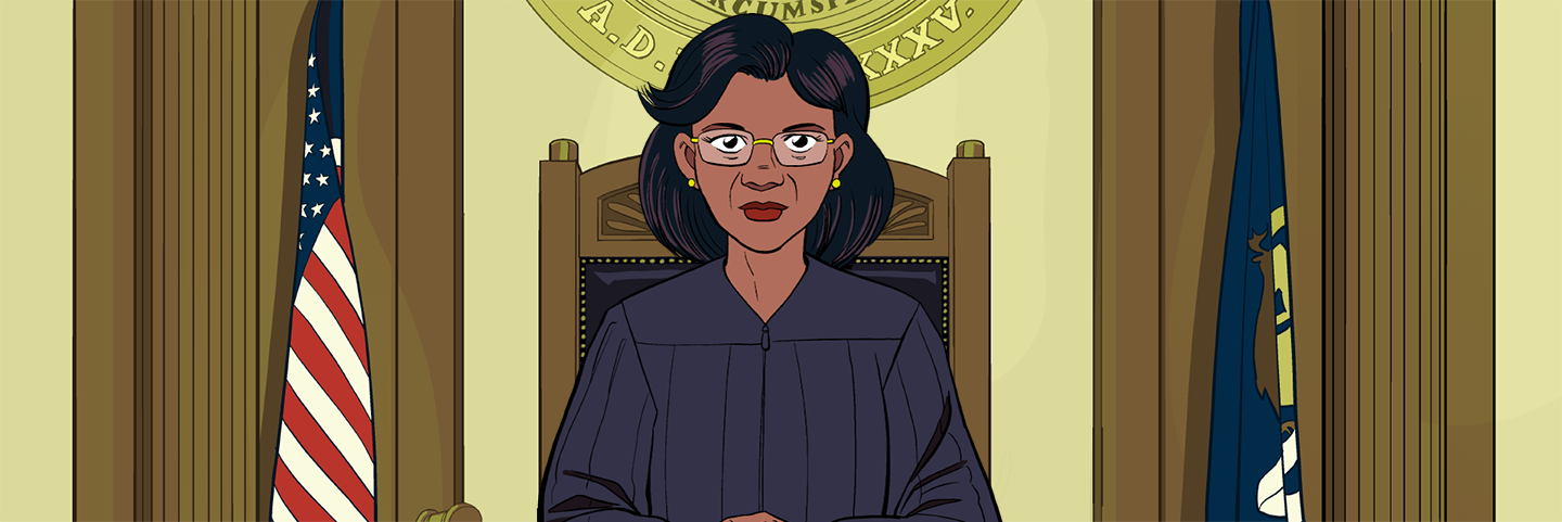 Judge character from A Day in Court games seated at bench